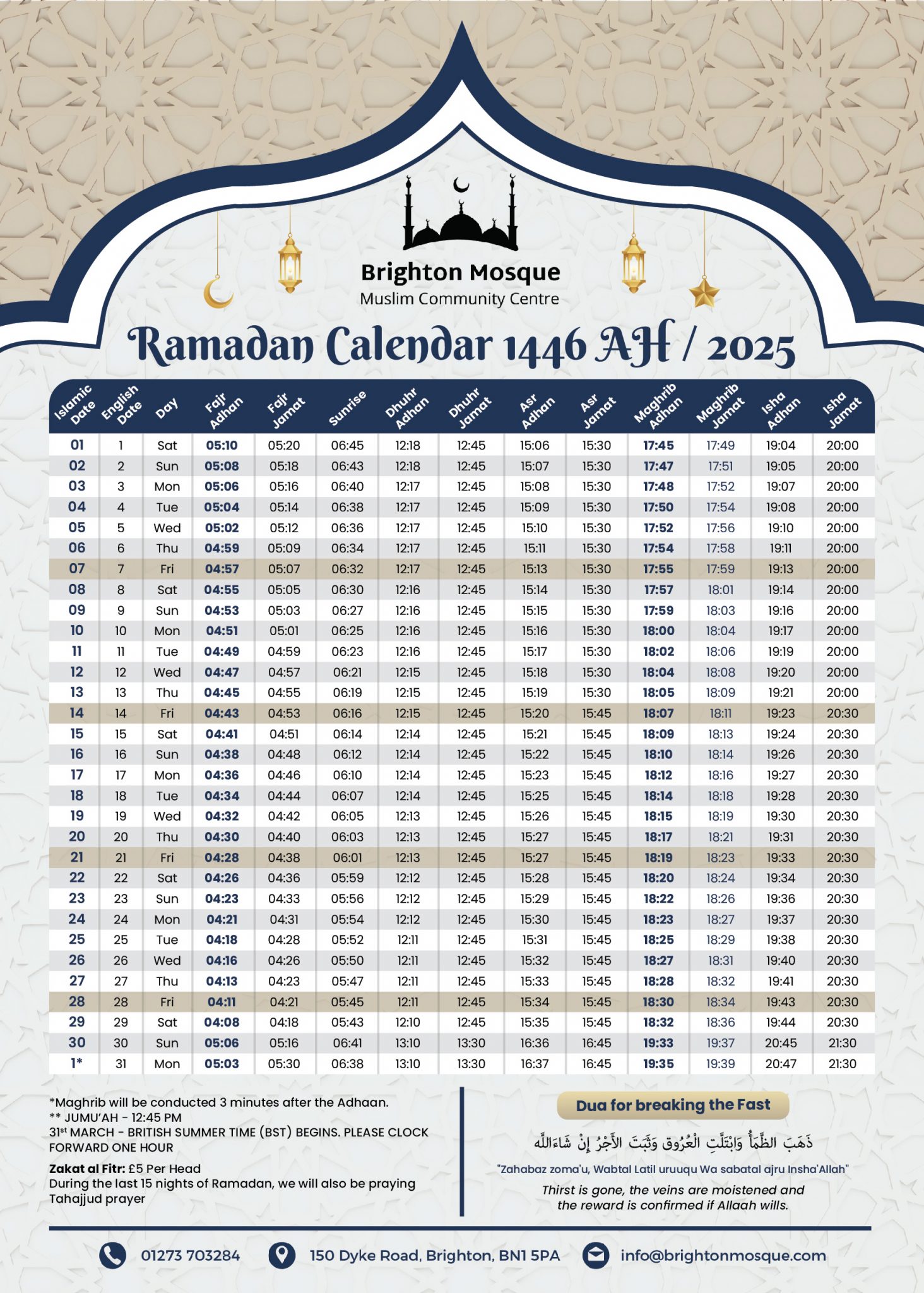 Ramadan 2025 time table - Brighton Mosque